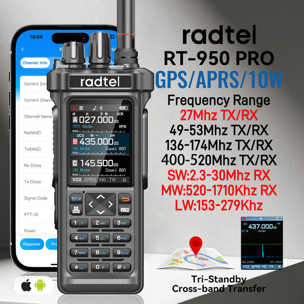 Radtel RT-950 PRO Black (27Mhz TX/RX) 10W Walkie Talkie AM/FM/USB/LSB ...