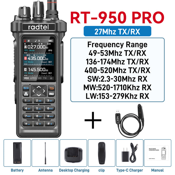 Radtel RT-950 PRO Black (27Mhz TX/RX) 10W Walkie Talkie AM/FM/USB/LSB ...