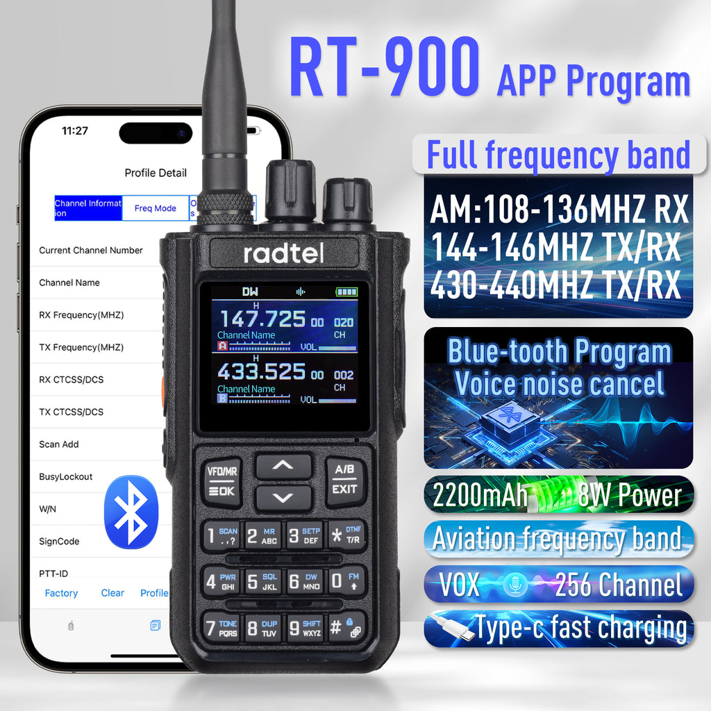 Radtel RT-900 10W Full band Ham Radio Walkie Talkie 256CH Air Band Tw ...